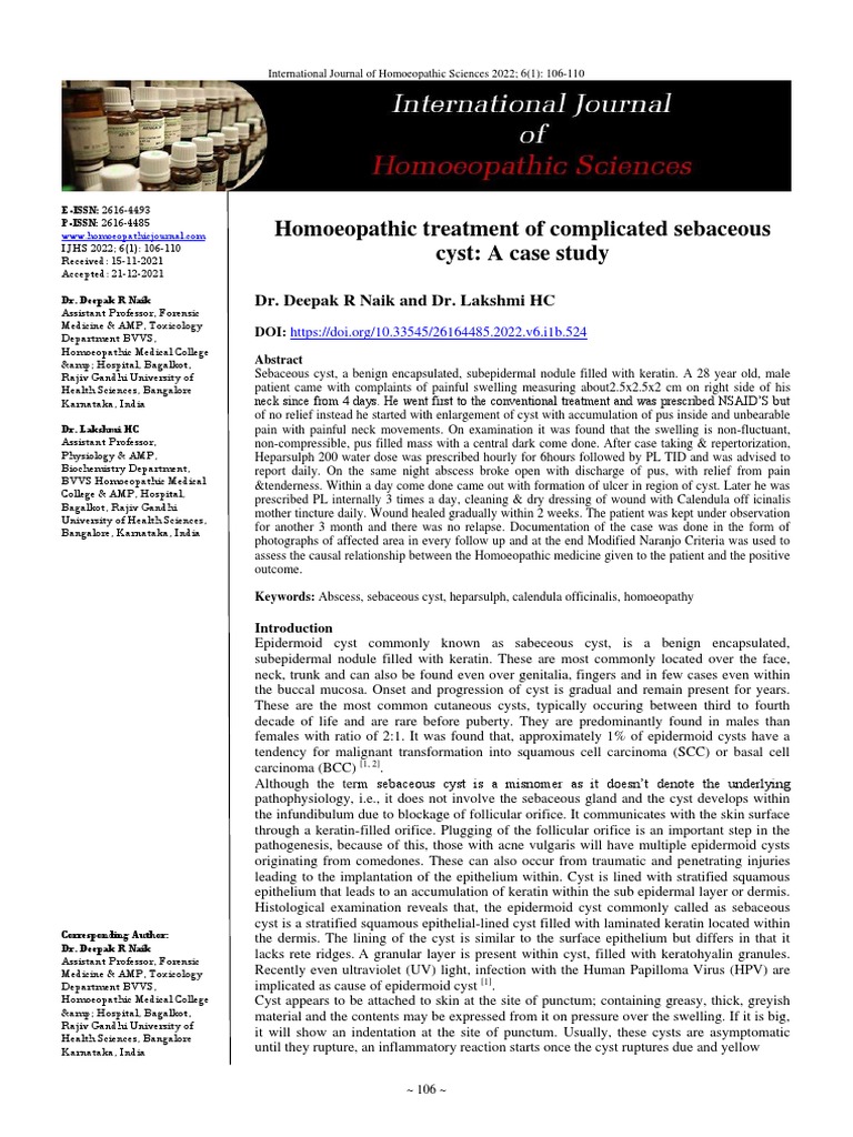 Homoeopathic Treatment of Complicated Sebaceous Cyst - A Case Study ...