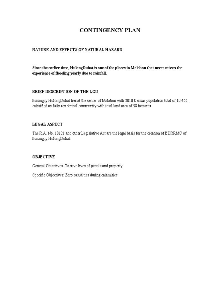 Contingency Plan: Nature and Effects of Natural Hazard | PDF ...