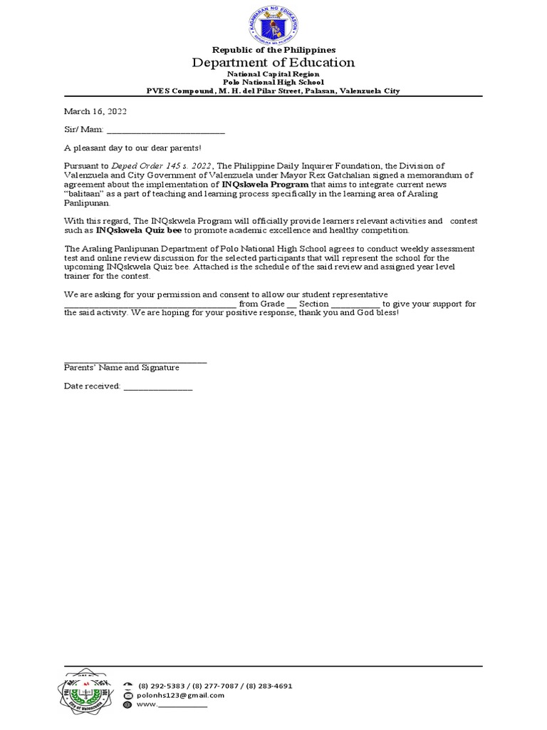 Parent Consent Letter INQskwela Quiz Bee | PDF