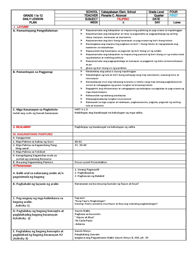 DLP Filipino Q1 W9 | PDF