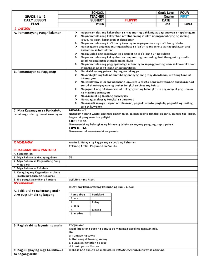 DLP Filipino Q1 W6 | PDF