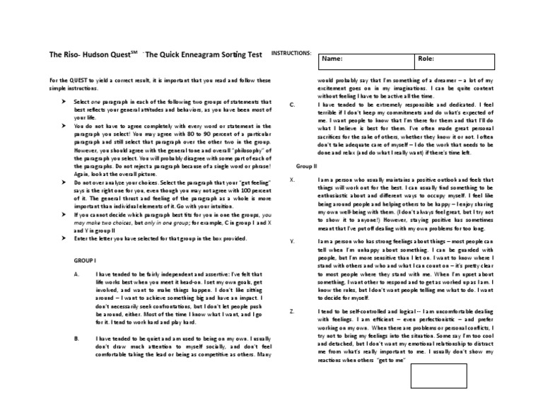 The Riso-Hudson Quest The Quick Enneagram Sorting Test: Instructions ...