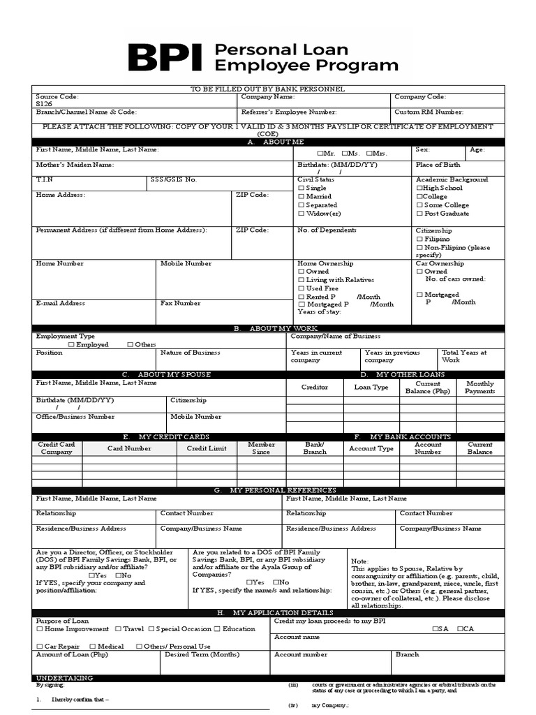 BPI Personal Loan Application Form | PDF | Credit | Finance & Money ...