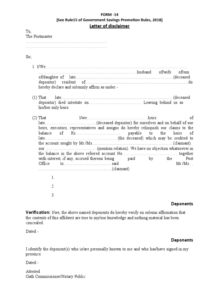 Form-14 Letter of Disclaimer | PDF | Affidavit | Civil Law (Common Law)