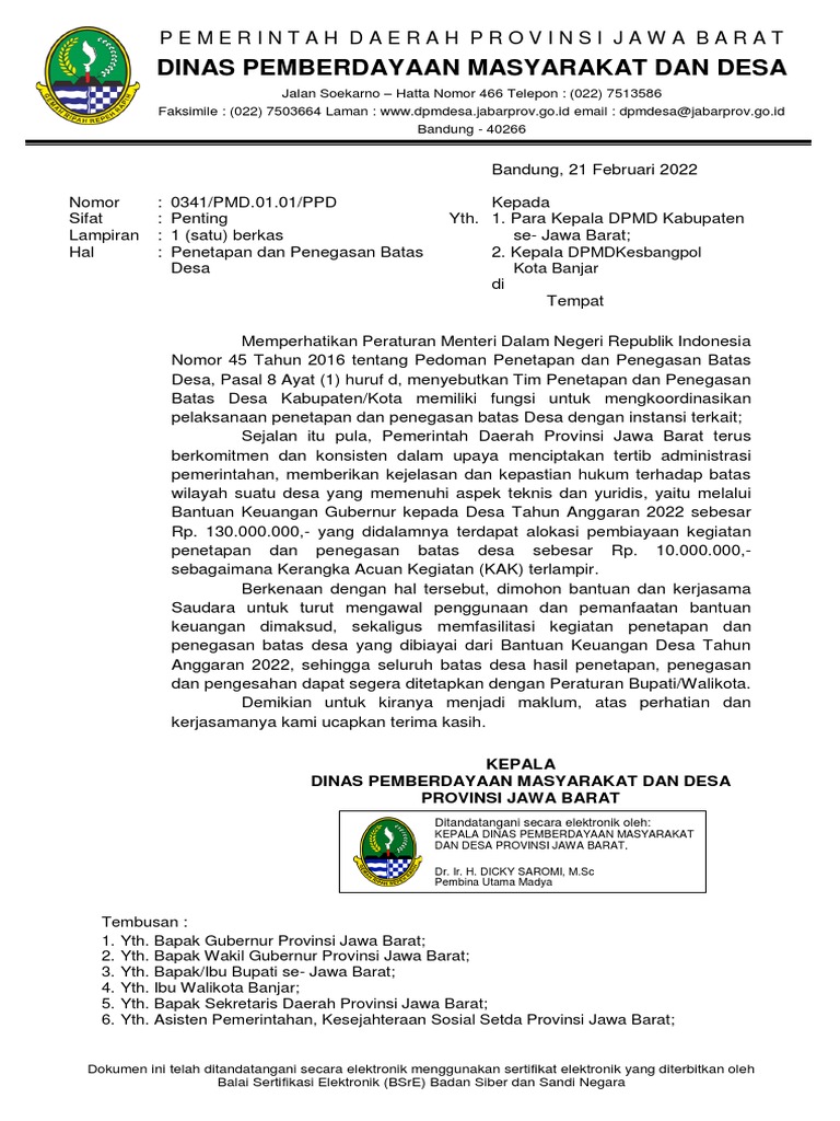 Surat Pemberitahuan (DPMD Se-Jawa Barat) & KAK Penegasan Batas Desa | PDF