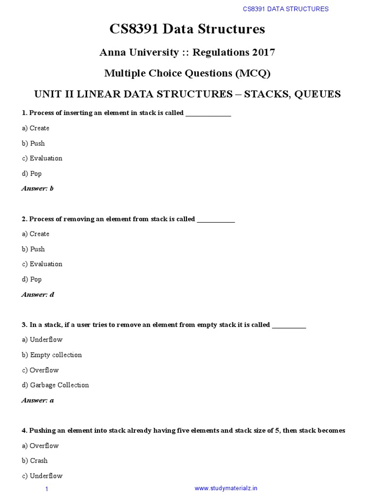 Unit 2 Mcq Pdf Queue Abstract Data Type Algorithms And Data Structures 8652