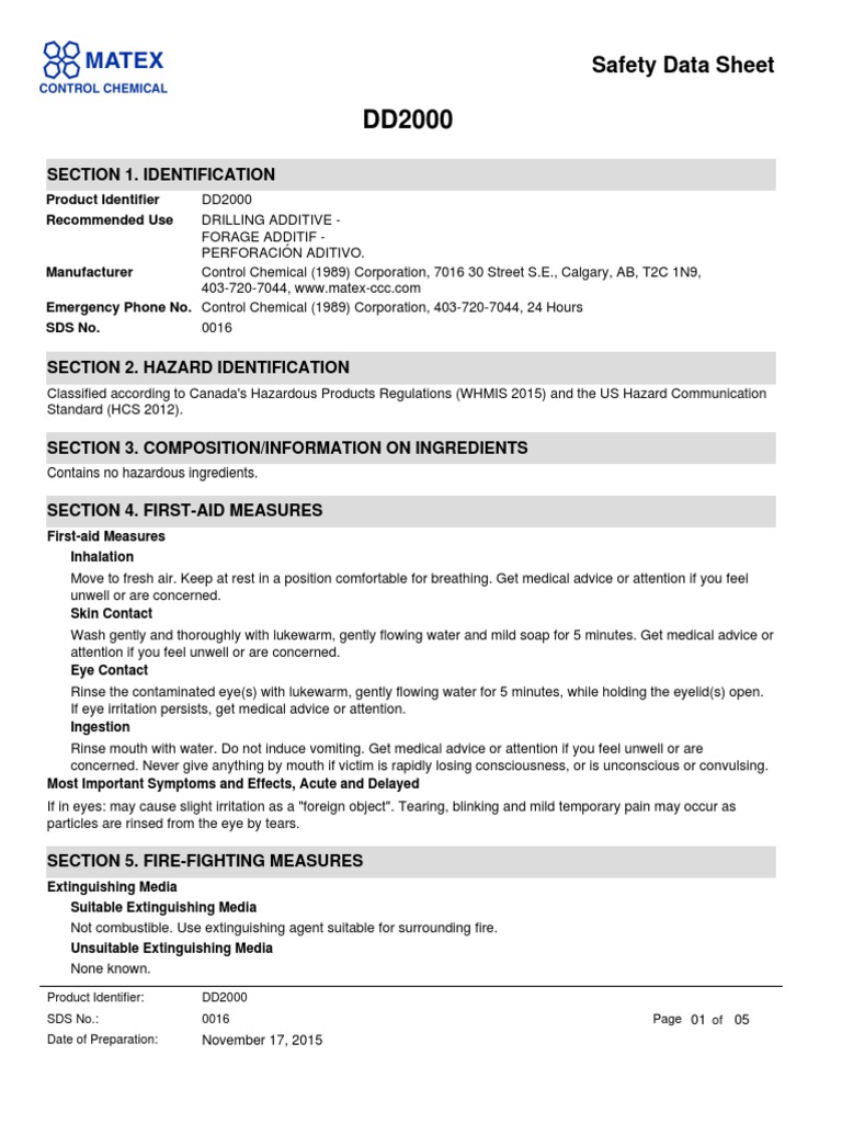 Safety Data Sheet for DD2000 Drilling Additive | PDF | Personal ...