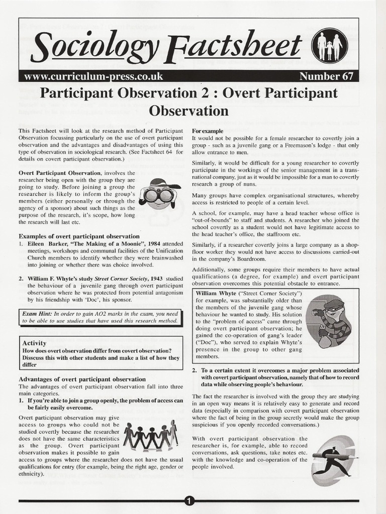 Sociology Pactsheet: Participant Observation 2: Overt Participant ...