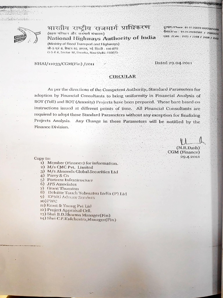 NHAI Circular On Financial Feasibility Analysis | PDF