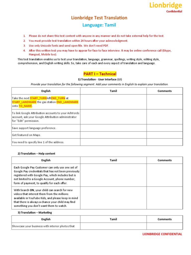 Lionbridge Test Translation: Language: Tamil | PDF | Translations | You ...