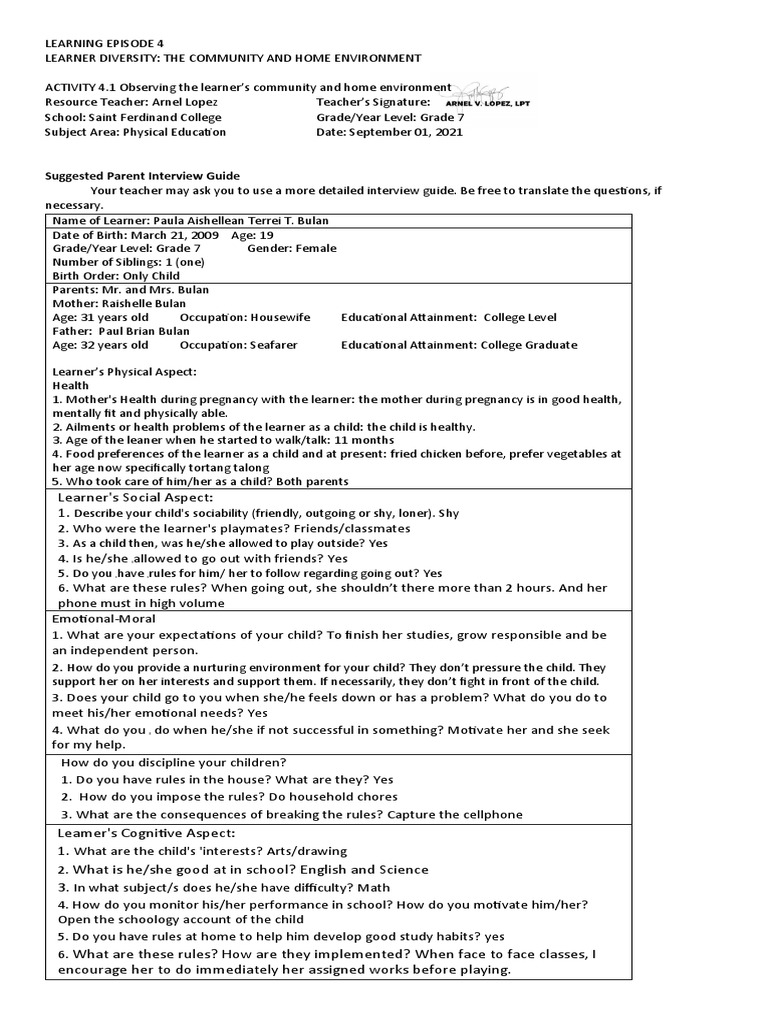 Suggested Parent Interview Guide | PDF | Learning | Parenting