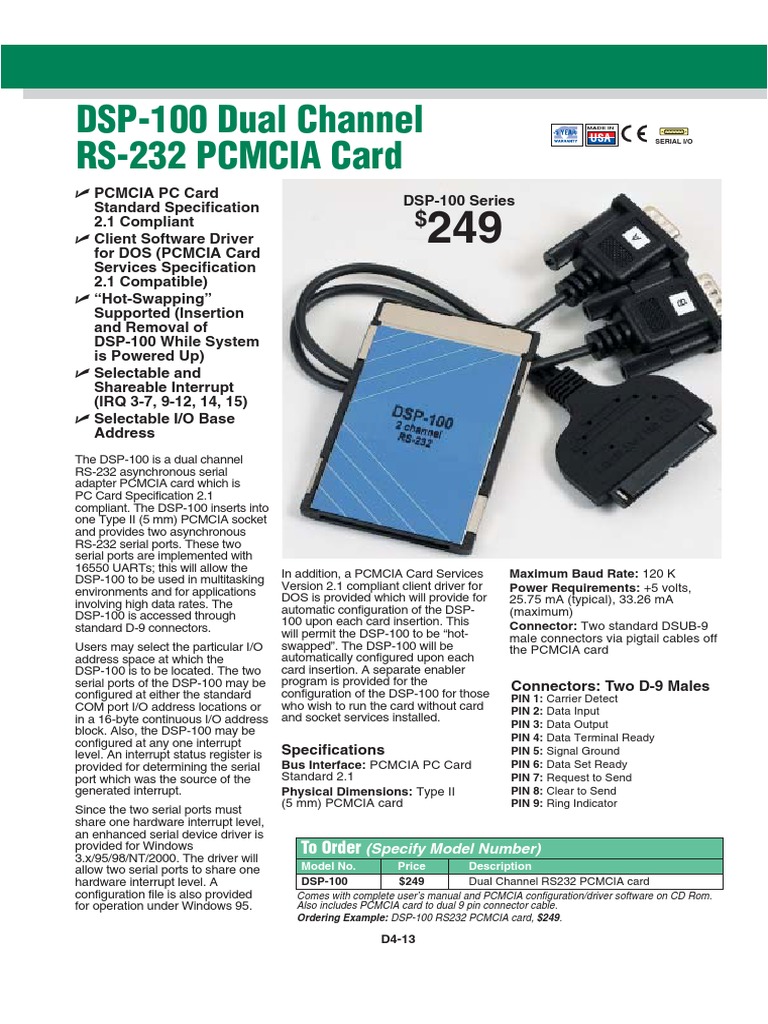 DSP-100 Dual Channel RS-232 PCMCIA Card | Download Free PDF | Flow ...