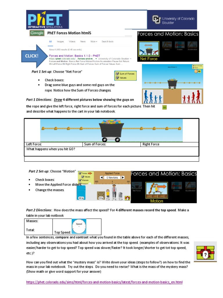 PhET Forces and Motion Basics Lab Guide | PDF | Force | Mass