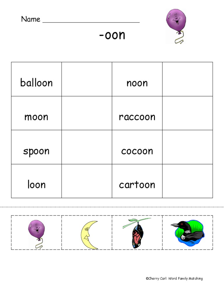 Oon Word Family Worksheet PDF