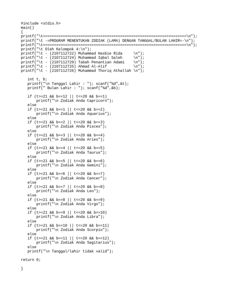 Program C - Menentukan Zodiak (Lama) Dengan Tanggal & Bulan Kelahiran ...