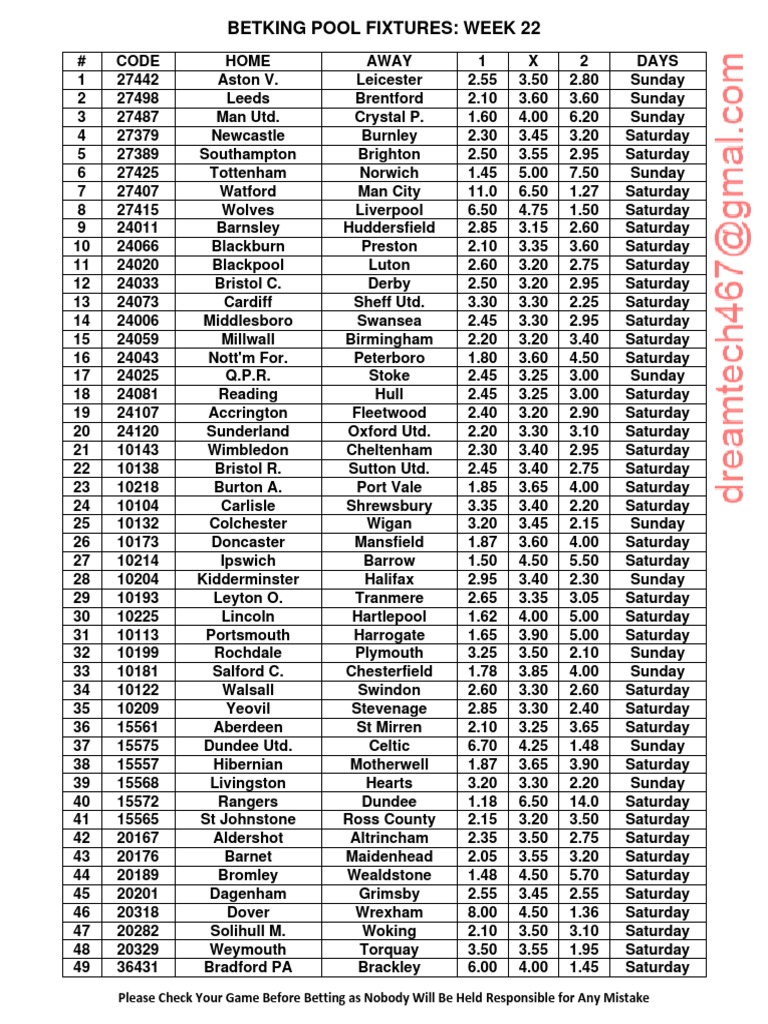 Betking Pool Week 22 | PDF | Association Football Clubs | English ...