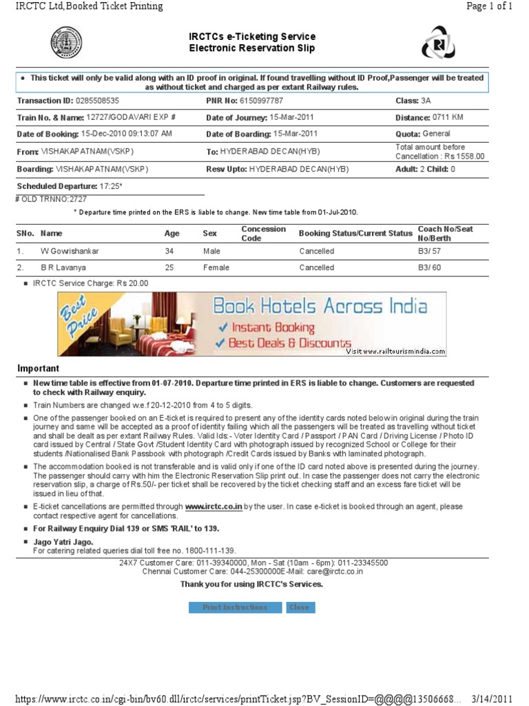 Irctcs E-Ticketing Service Electronic Reservation Slip | PDF | Identity Document | Authentication