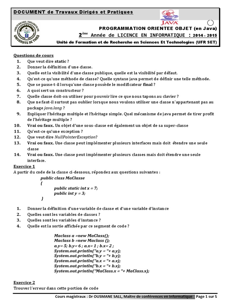TD Poo - Java | PDF | Classe (informatique) | Java (Langage de ...
