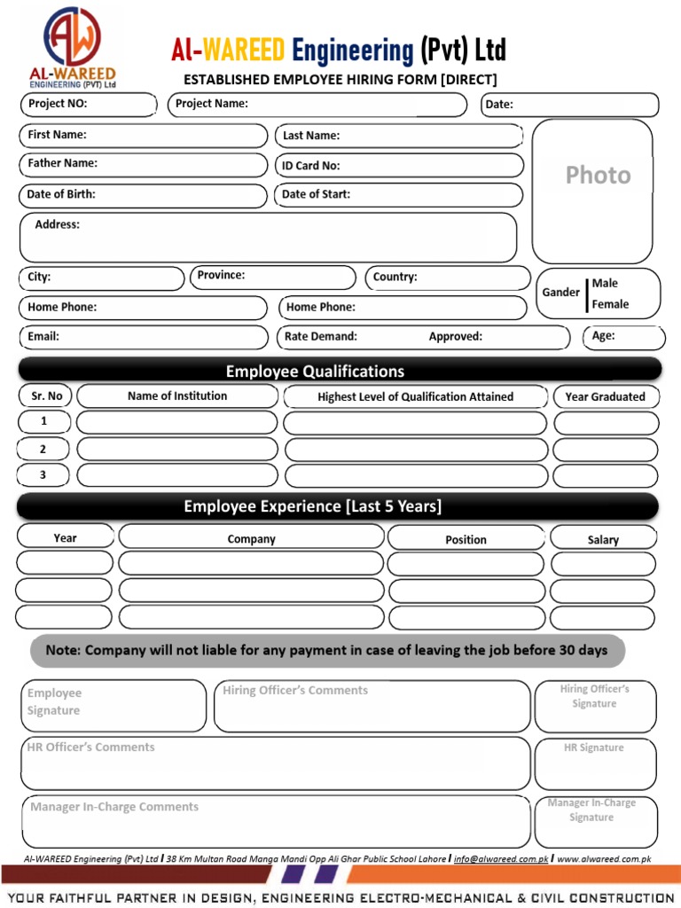 Al-WAREED Engineering Employee Hiring Form | PDF
