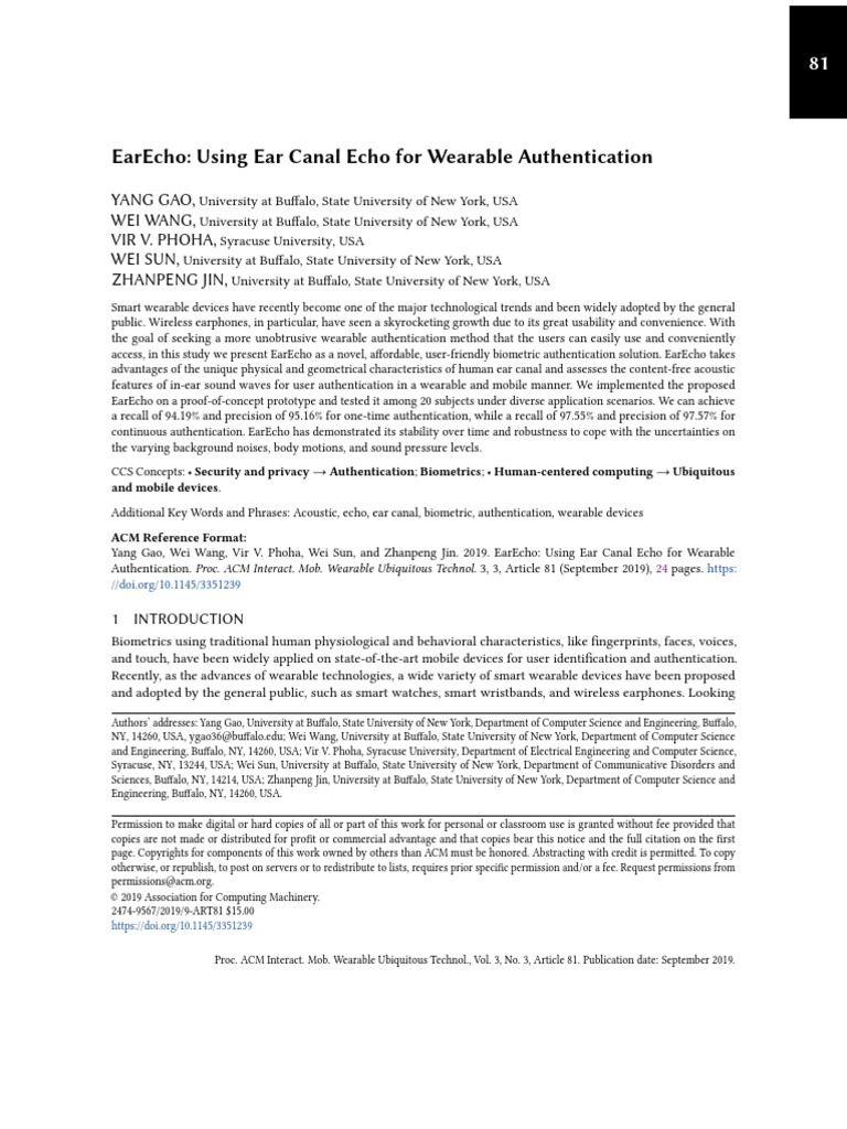 Earecho: Using Ear Canal Echo For Wearable Authentication: Yang Gao ...