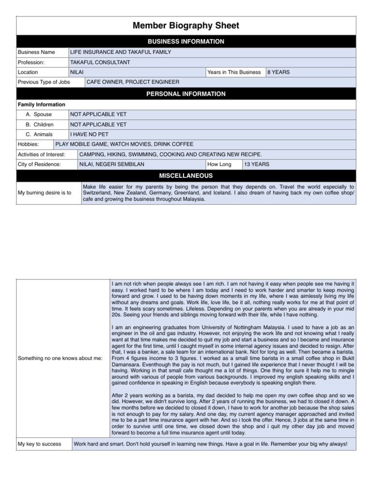 Member Biography Sheet: Business Information | PDF