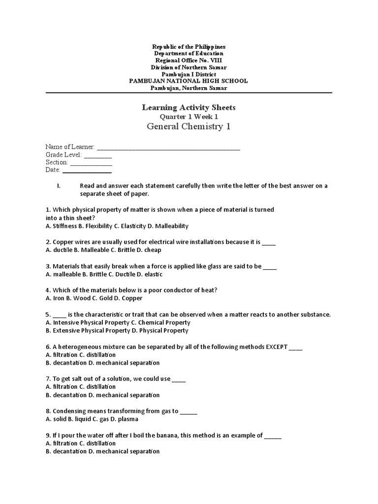 General Chemistry 1: Learning Activity Sheets | PDF | Chemical ...