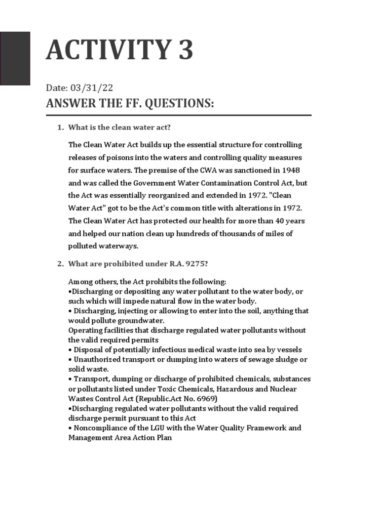 Activity 3: Answer The Ff. Questions | PDF | Clean Water Act | Pollution