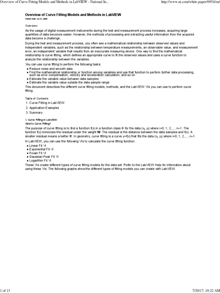 Overview Of Curve Fitting Models And Methods In Labview National