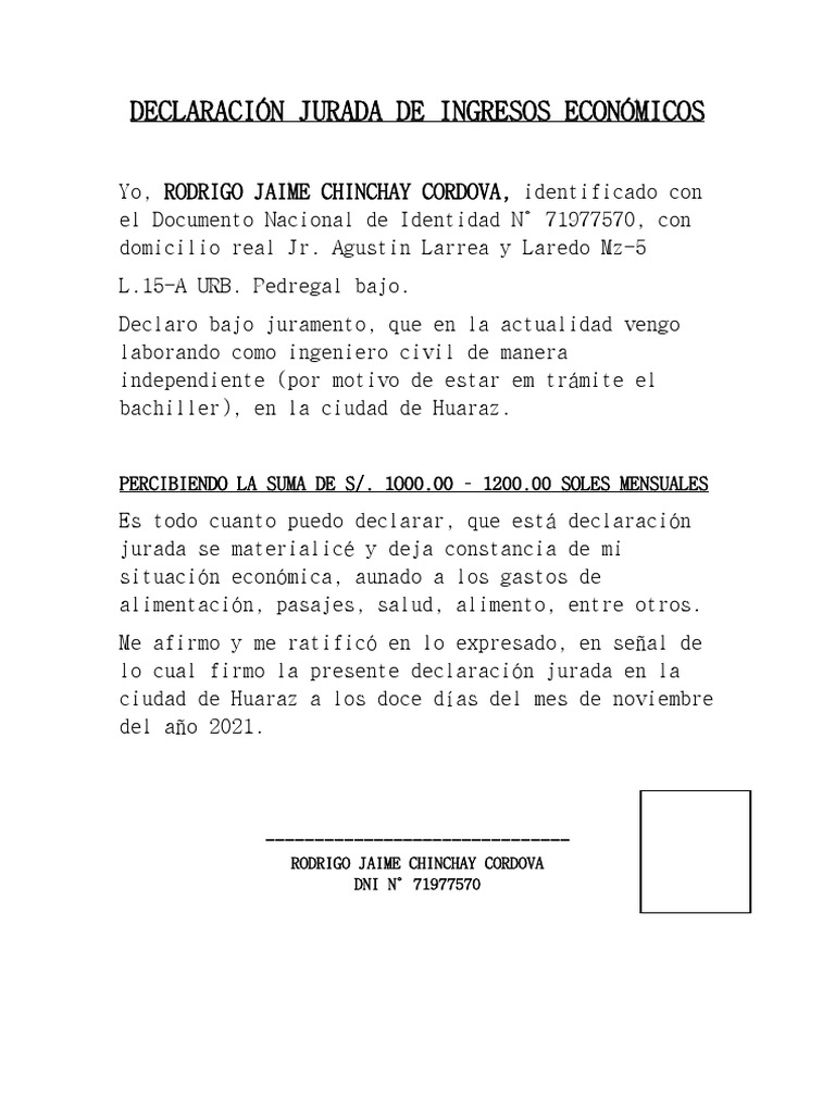 Declaración Jurada de Ingresos Económicos | PDF