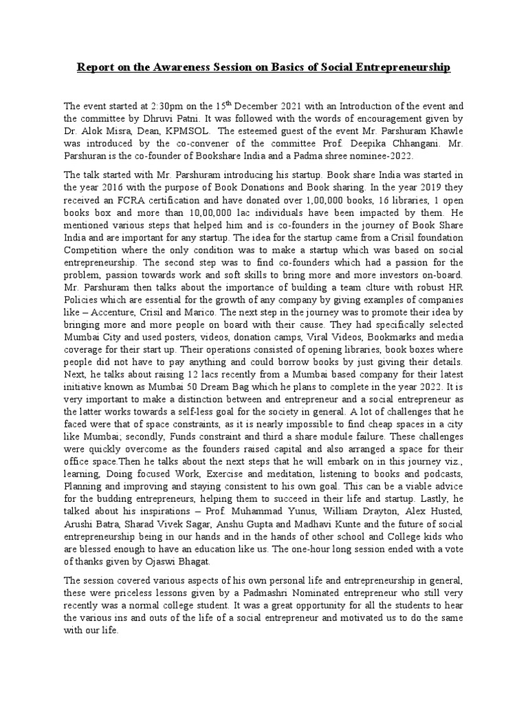 Report On The Awareness Session On Basics of Social Entrepreneurship ...
