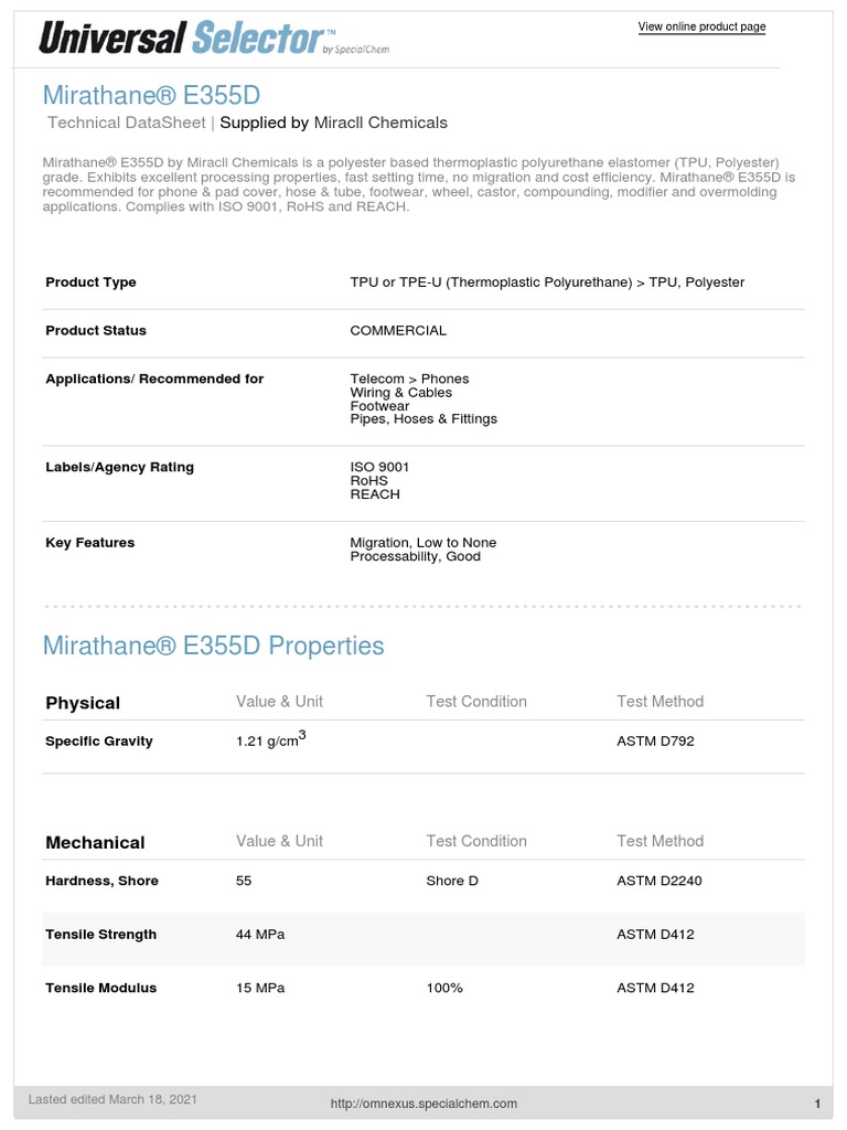 Mirathane® E355D - Miracll Chemicals | PDF | Plastic | Chemistry
