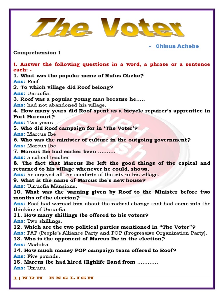 Comprehension I: I. Answer The Following Questions in A Word, A Phrase ...