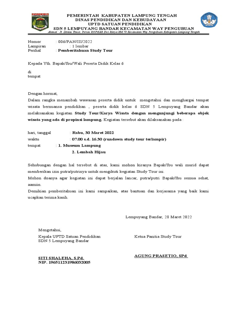 Surat Edaran Study Tour 2022 | PDF