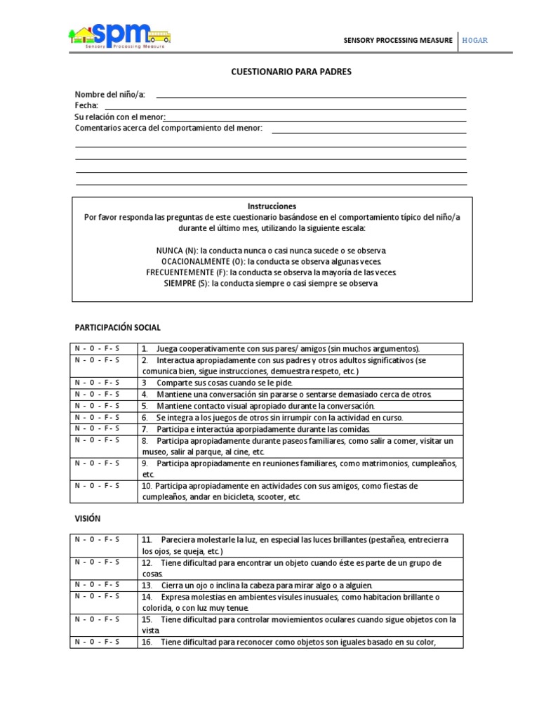 Sensory Processing Measure Hogar | PDF