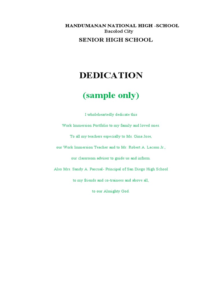 Work Immersion Portfolio Dedication | PDF