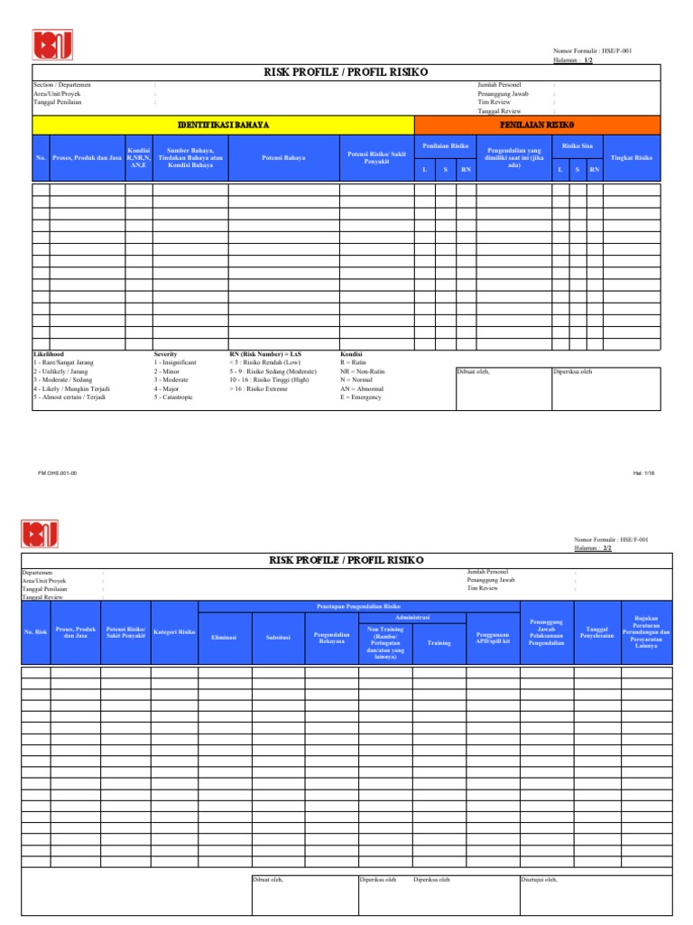 HSE F001 R0 Form Risk Profile - Profil Resiko | PDF