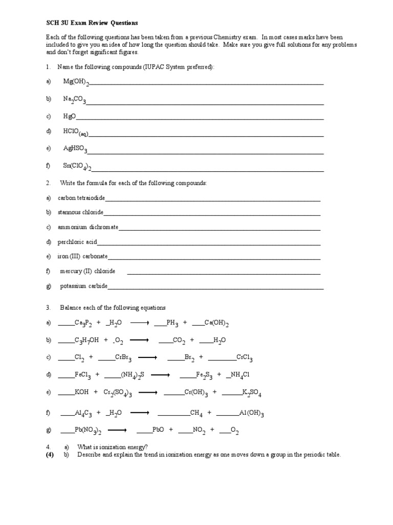 SCH3U Exam Review QUESTIONS | PDF | Mole (Unit) | Chemical Elements