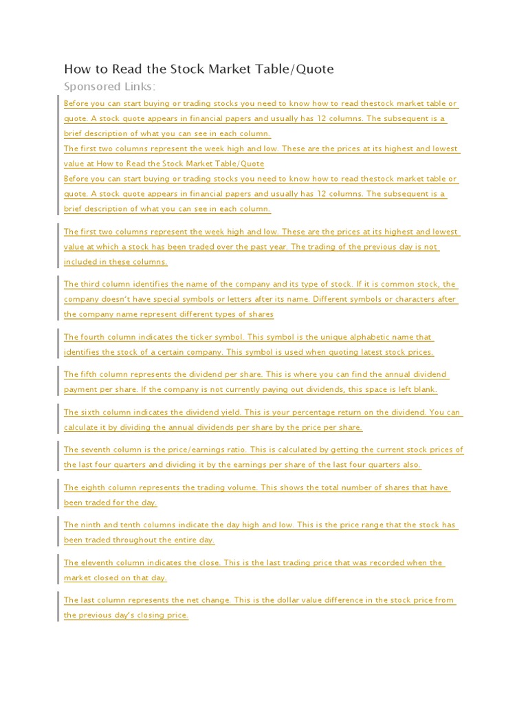 Understanding Stock Market Tables | PDF | Stocks | Dividend