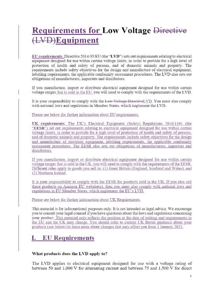 Requirements For Low Voltage Directive (LVD) Equipment | PDF