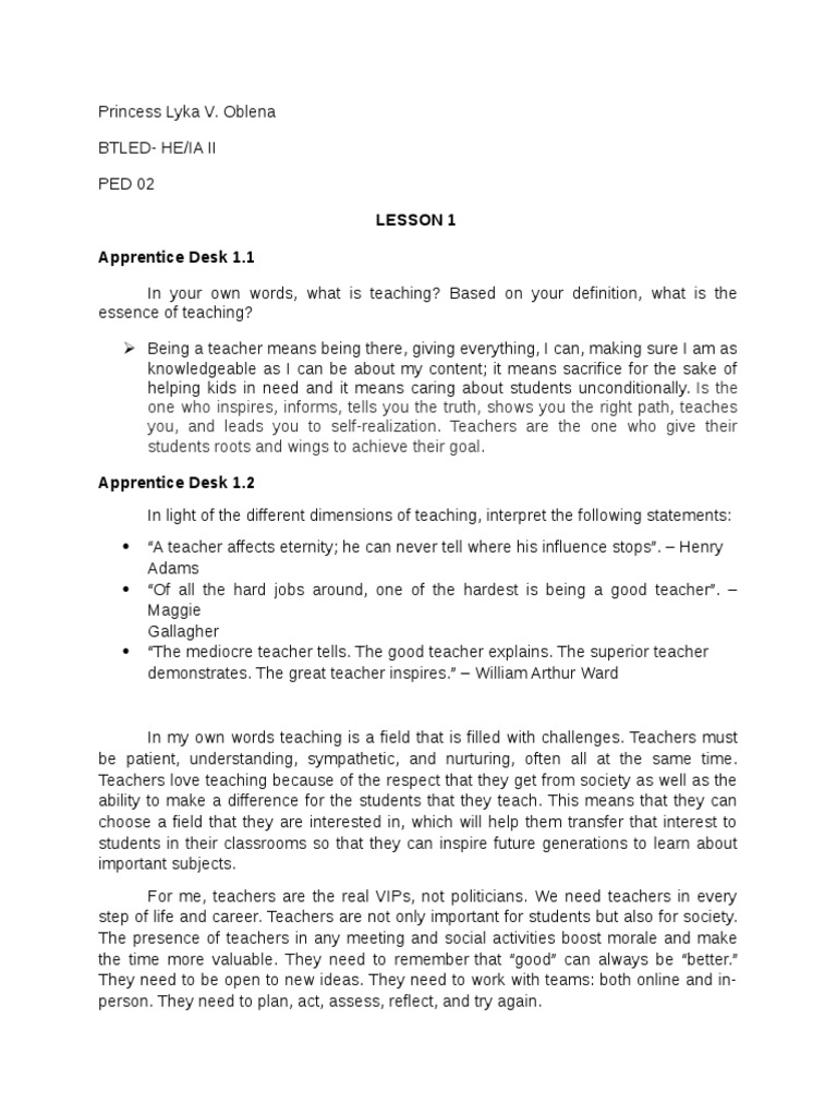 BTLED HE OBLENA LESSON 1 and 2 | PDF | Teachers | Profession