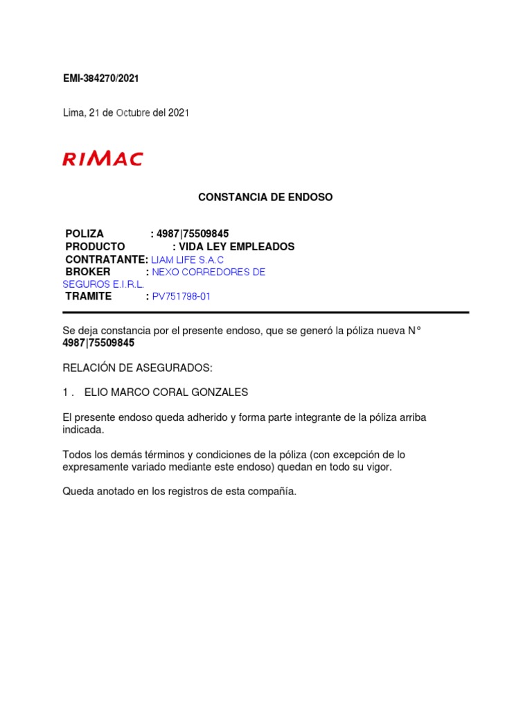 Constancia Vida Ley - Liam Life S.A.C | PDF