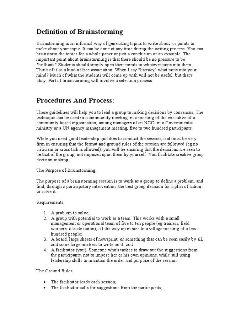 Definition of Brainstorming | PDF | Brainstorming | Goal