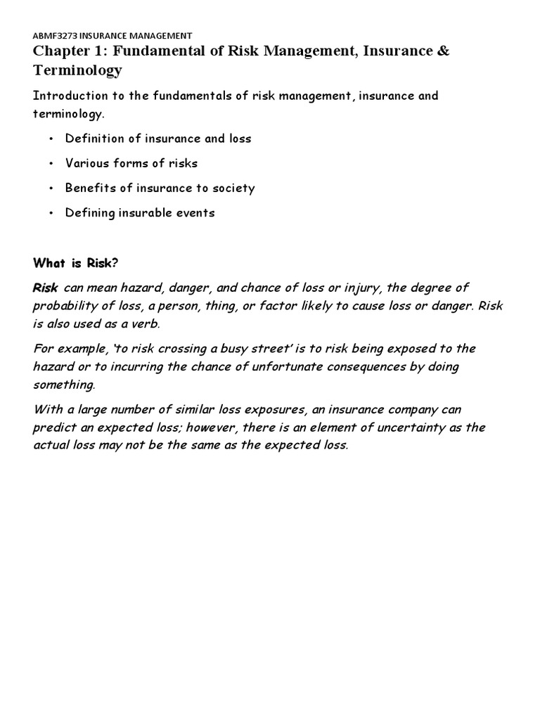 Chapter 1: Fundamental of Risk Management, Insurance & Terminology ...