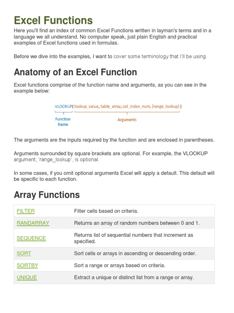 Excel Functions: Anatomy of An Excel Function | PDF | Array Data ...