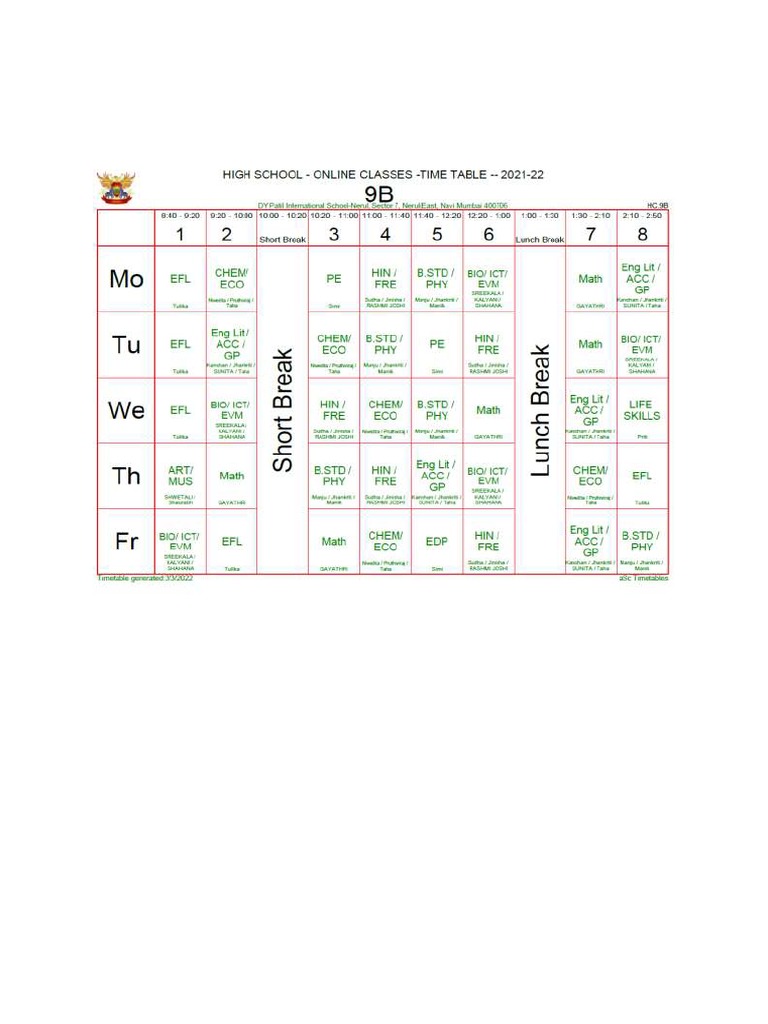 Time Table 9 B | PDF