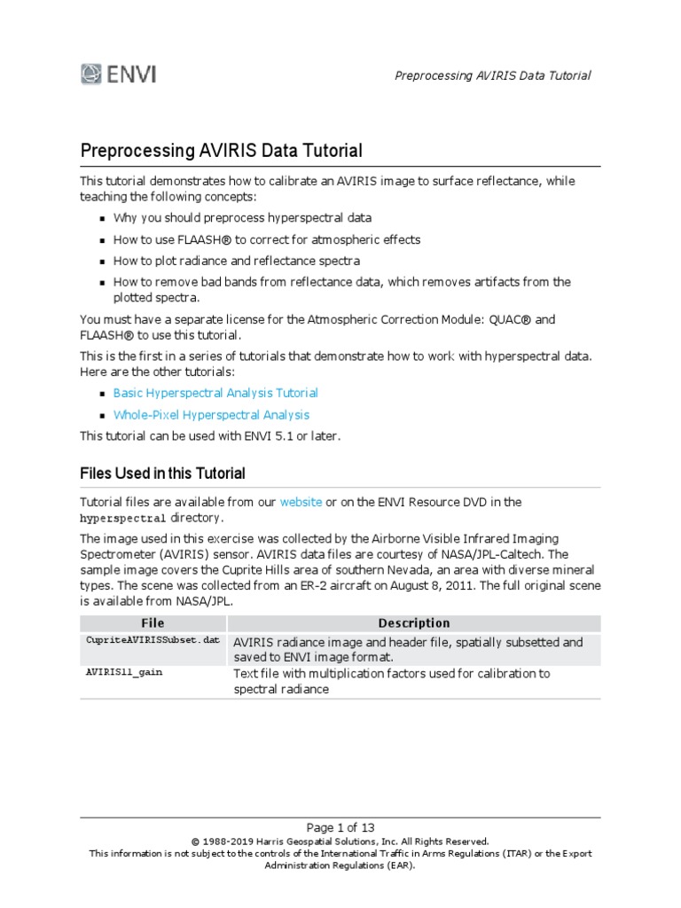 Preprocessing AVIRIS Data Tutorial: Files Used in This Tutorial | PDF ...