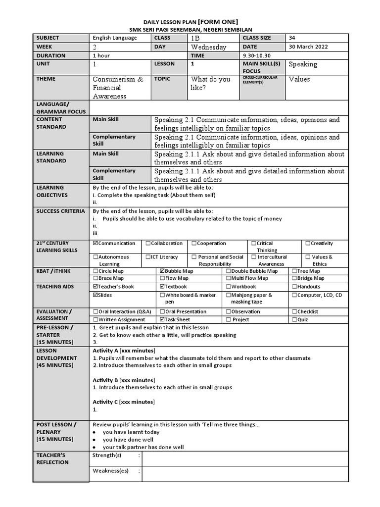 (Form One) : 21 Century Learning Skills Kbat / Ithink Teaching Aids | Download Free PDF ...