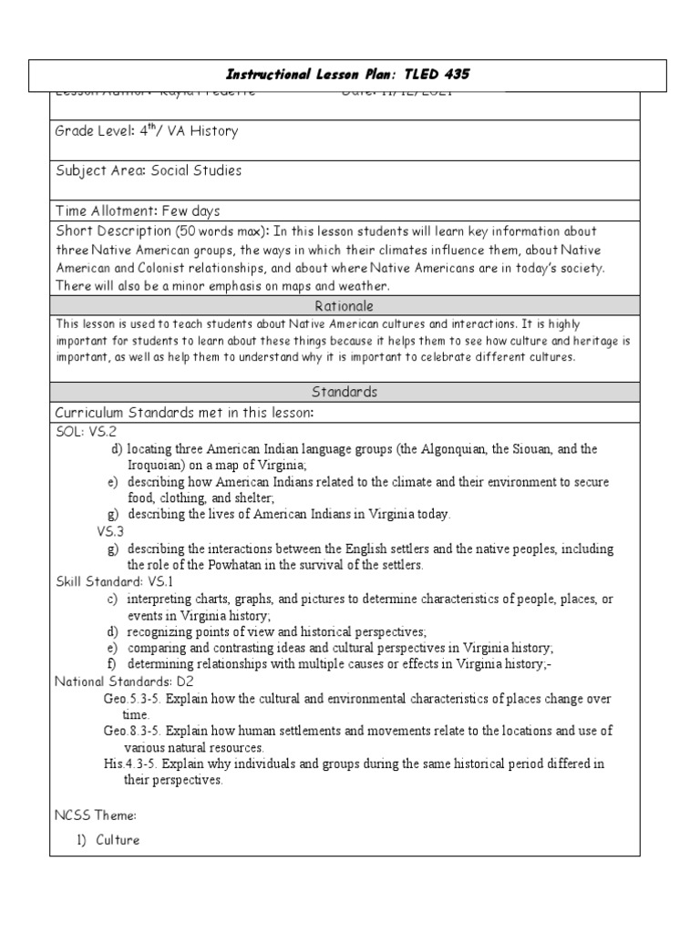 Lesson Plan 1 - Social Studies | PDF | Native Americans In The United ...