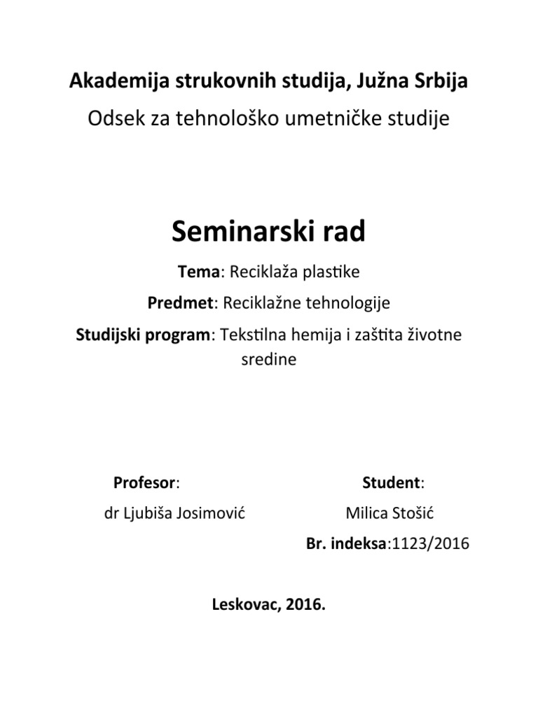 Reciklaža Plastike-Seminarski Rad | PDF