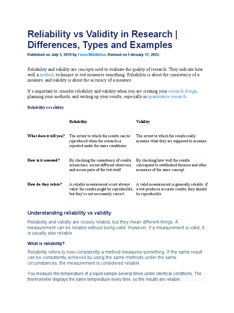 Reliability Vs Validity in Research | PDF | Validity (Statistics ...